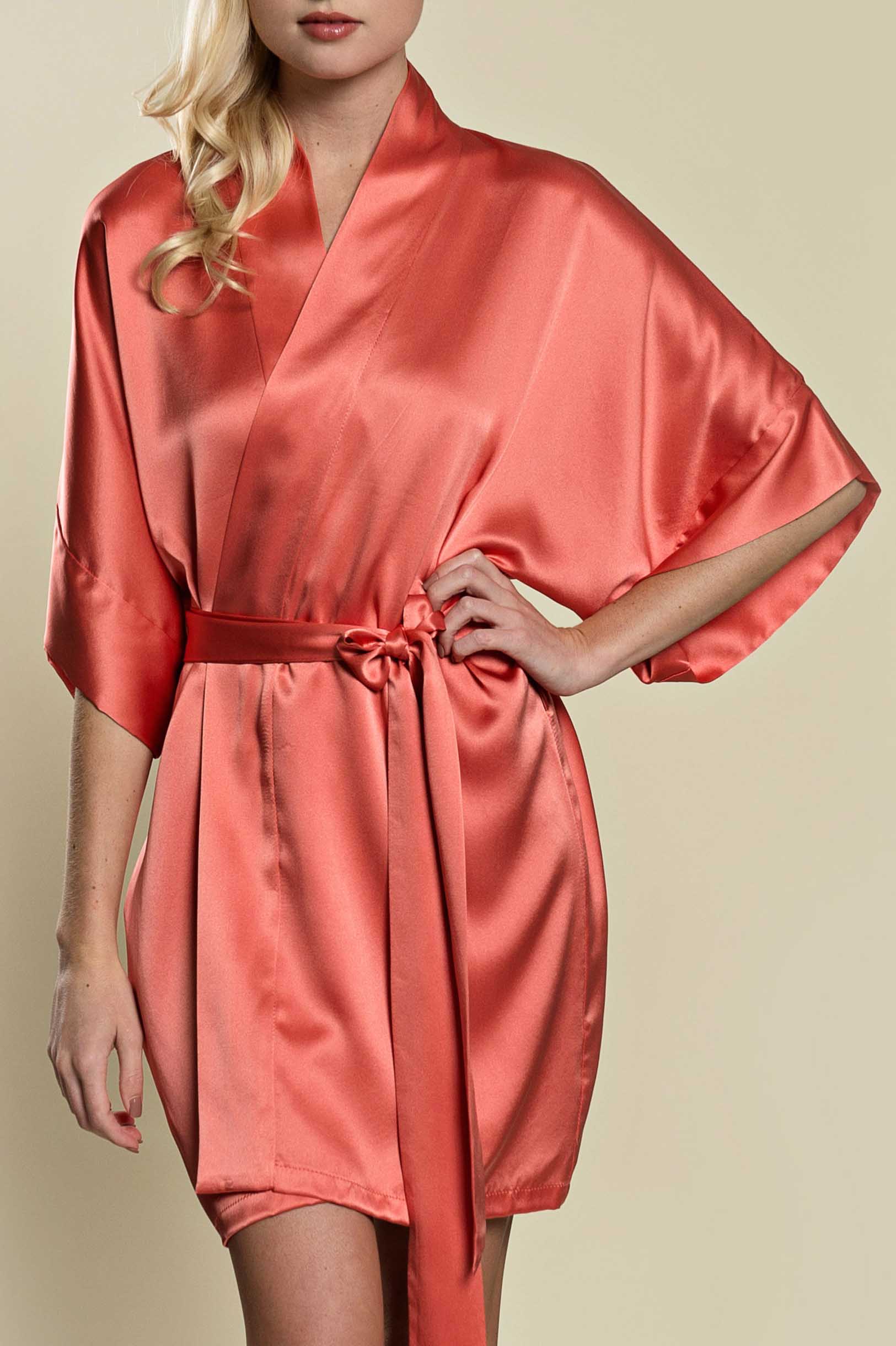 Samantha Silk Kimono Robe in Coral - style 300 – GirlandaSeriousDream.com